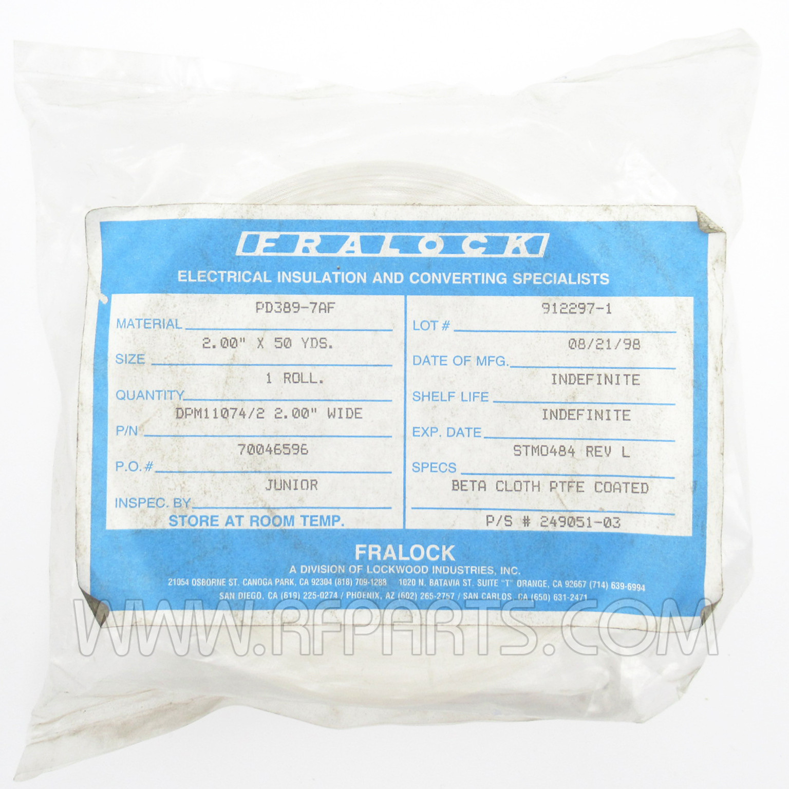 DPM11074/2 Fralock 2 Inch Wide PTFE Coated Beta Cloth Tape, New Old Stock