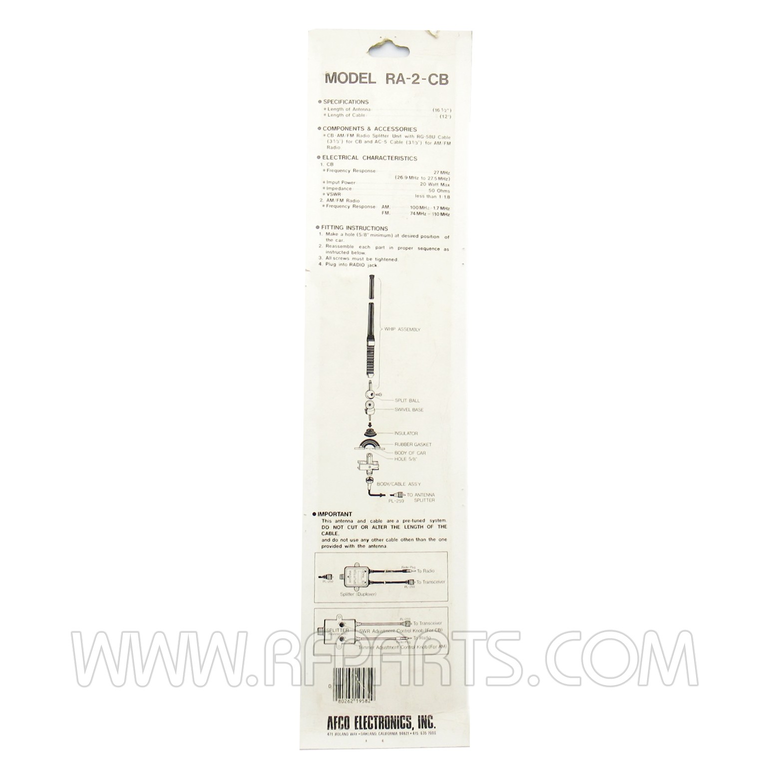 RA-2-CB AFCO Rubber CB Antenna with Cable and CB-AM/FM Radio Splitter ...