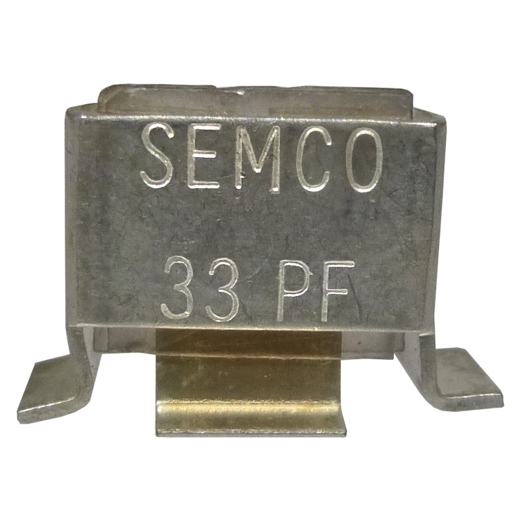 J101-33C Metal Cased Mica Capacitor, 33pf, 250v, Vertical Mount, MFR: Semco